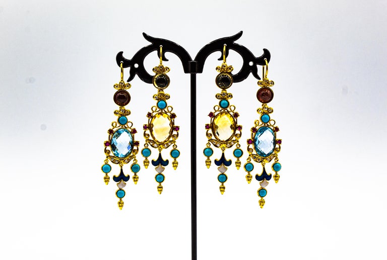 White Diamond Ruby Blue Topaz Turquoise Enamel Tourmaline Yellow Gold ...