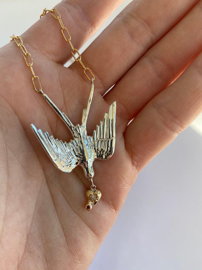 White Diamond Ruby Dove Heart Pendant Chunky Chain Pendant Necklace J ...
