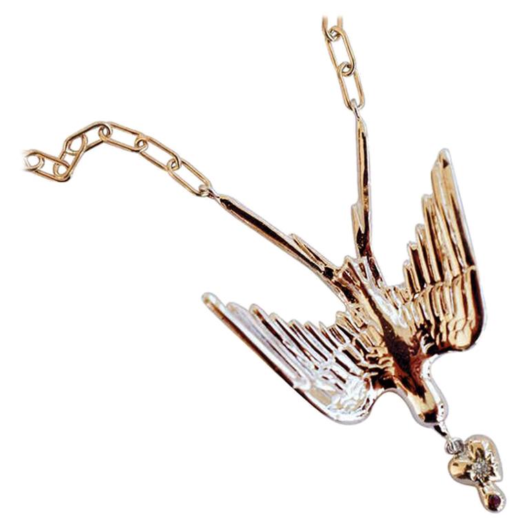 White Diamond Ruby Dove Heart Pendant Chunky Chain Pendant Necklace J ...