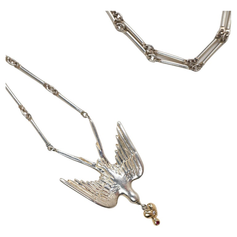 White Diamond Ruby Swallow Dove Bird Chain Necklace Gold Heart Sterling ...