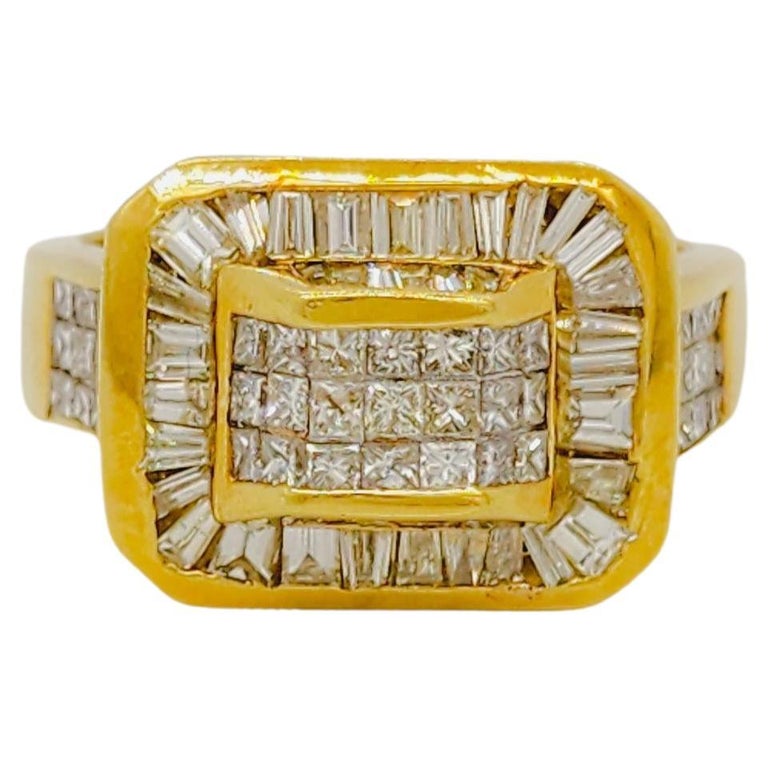White Diamond Square and Baguette Cocktail Ring in 18k Yellow Gold For ...