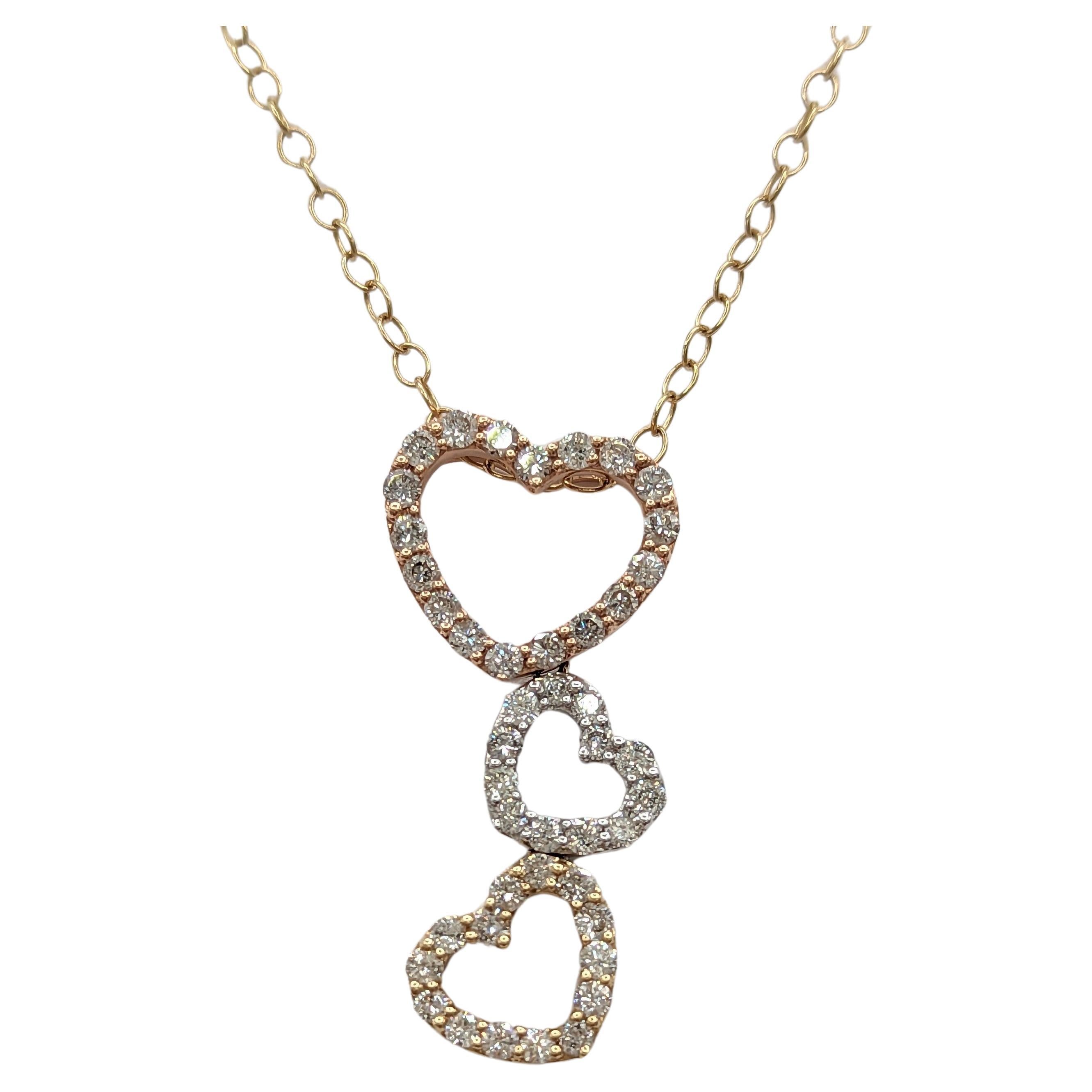 White Diamond Triple Hearts Pendant Necklace in 14K Three Tone Gold For ...