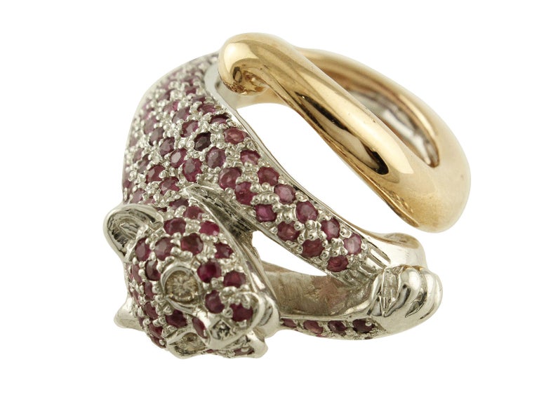 White Diamonds Rubies Rose Gold and Silver Cheetah Ring For Sale at 1stDibs