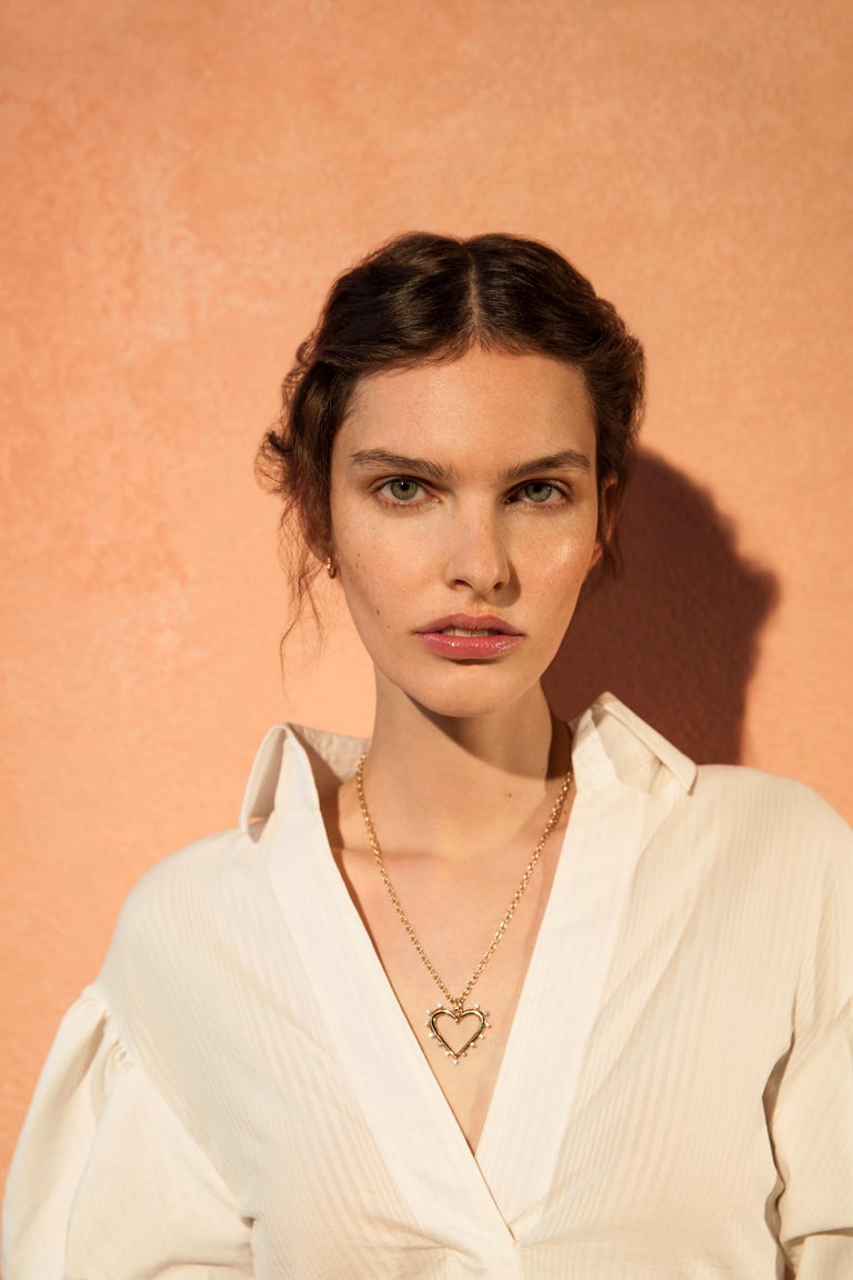 Marlo Laz White Diamonds Yellow Gold 14 Karat Open Heart Charm Necklace ...