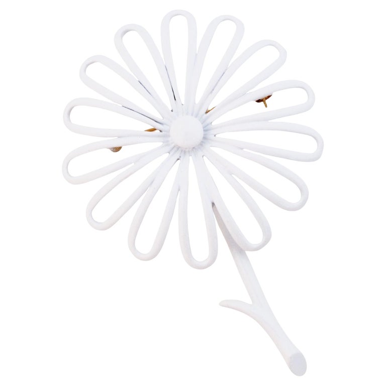 White Enamel Openwork Flower Figural Brooch By Monet, 1960s For Sale at ...