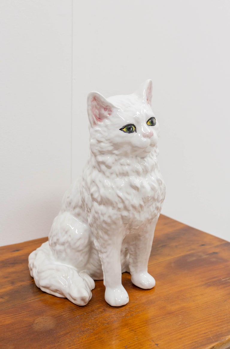 White Faience Lying Cat Statue, French circa 1980 at 1stDibs