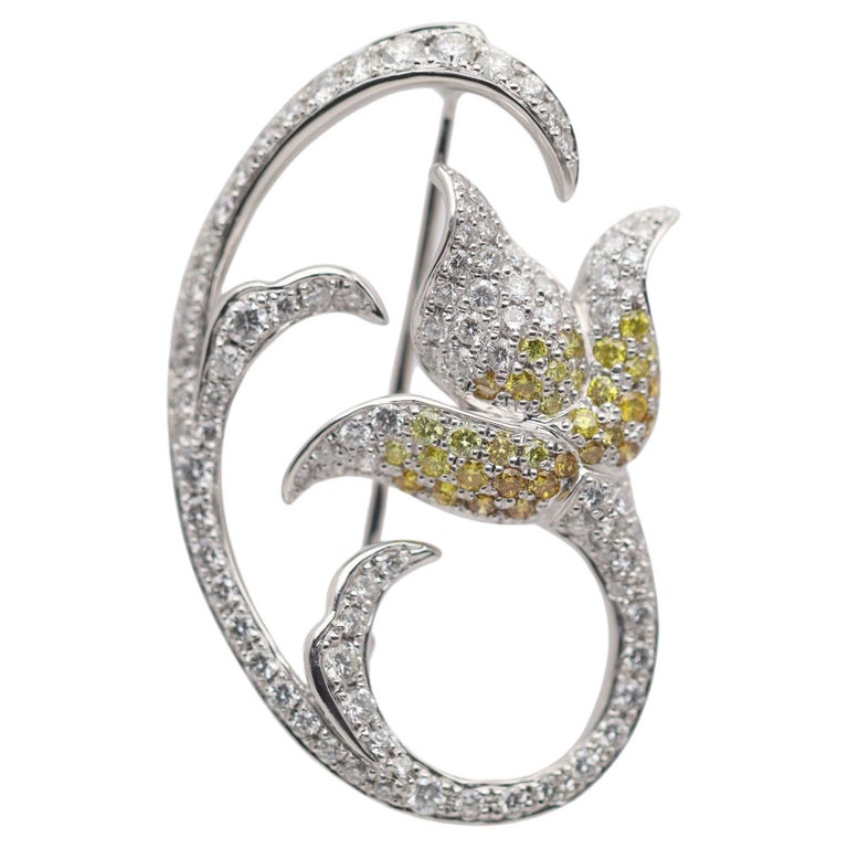 White and Fancy Yellow Diamond Platinum Floral Pin Brooch For Sale at ...
