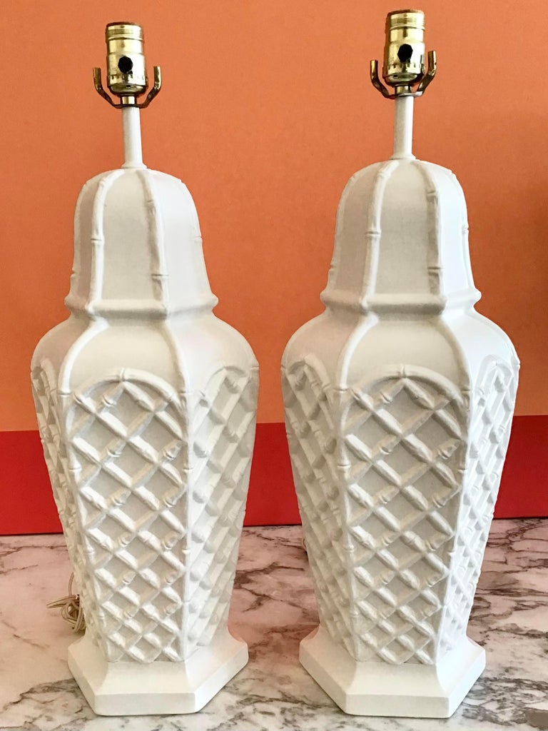 White Faux Bamboo Plaster Ginger Jar Table Lamps, a Pair For Sale at ...