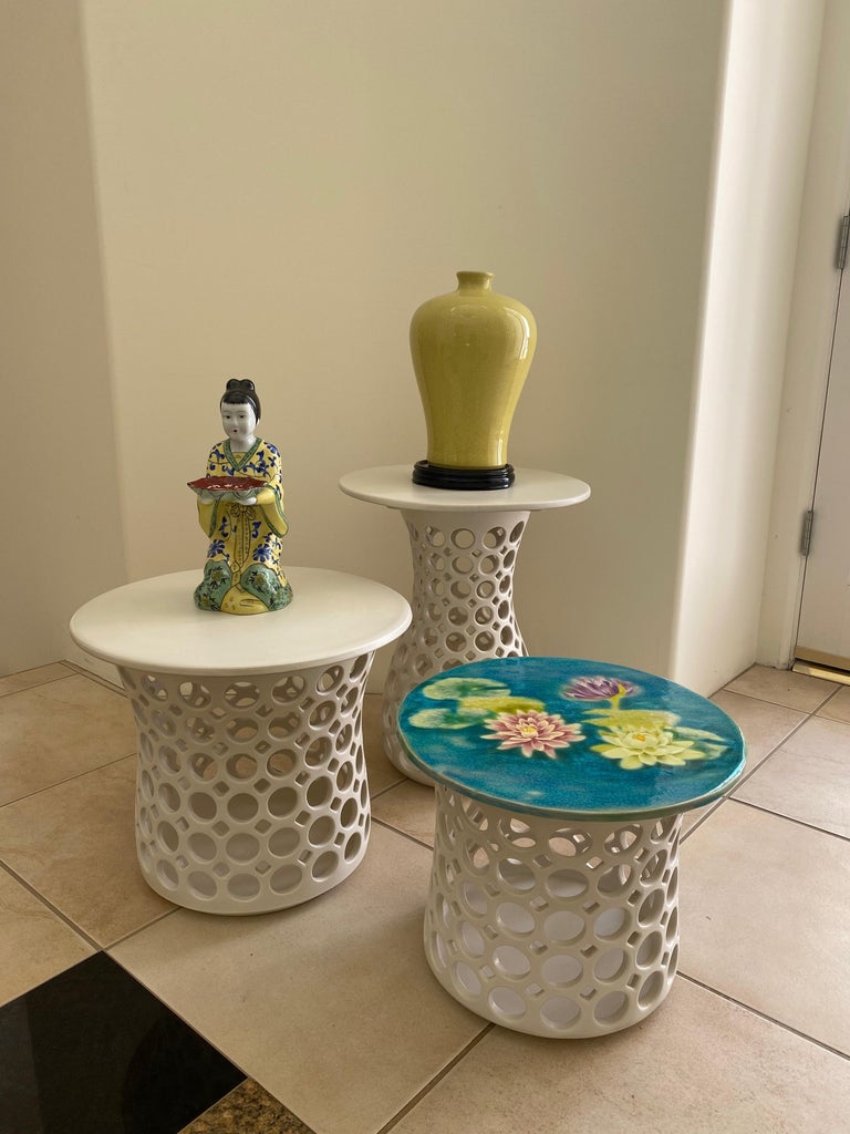 White Flared Pierced Ceramic Side Table with Ceramic Top For Sale at ...