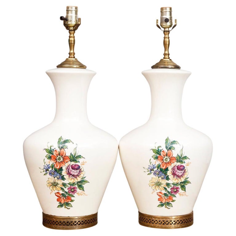 White Floral Ceramic Table Lamps, a Pair For Sale at 1stDibs