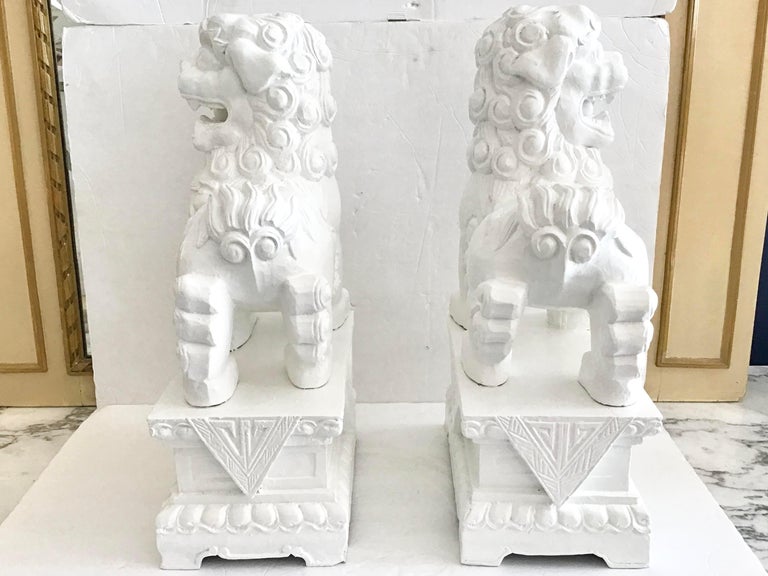 White Foo Dogs Carved in Wood Base Geometrical Figures, a Pair For Sale ...