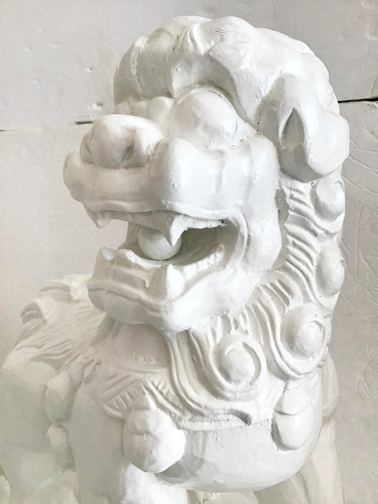 White Foo Dogs Carved in Wood Base Geometrical Figures, a Pair For Sale ...