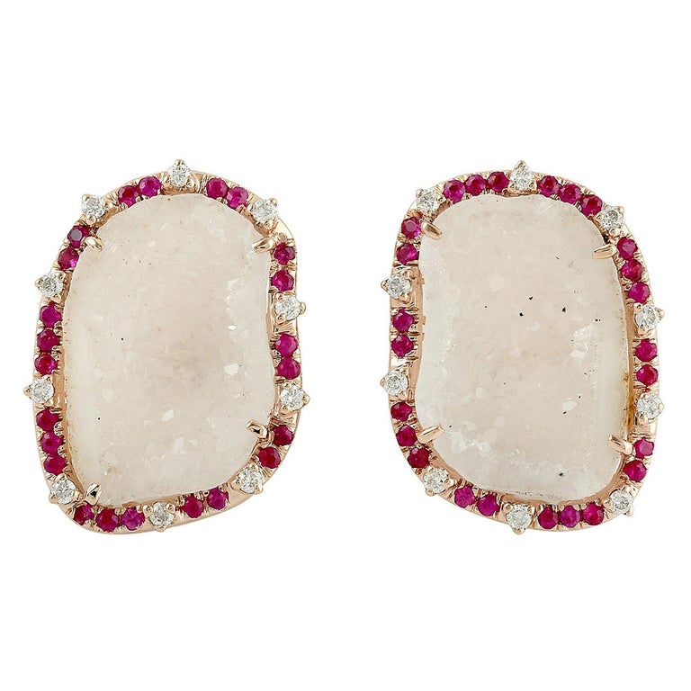 White Geode Studs with Diamonds and Rubies Set in 18k Gold at 1stDibs