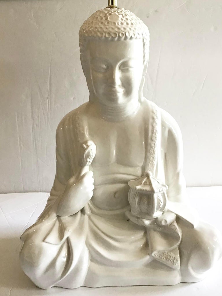 White Glazed Meditating Buddha Ceramic Table Lamp For Sale at 1stDibs