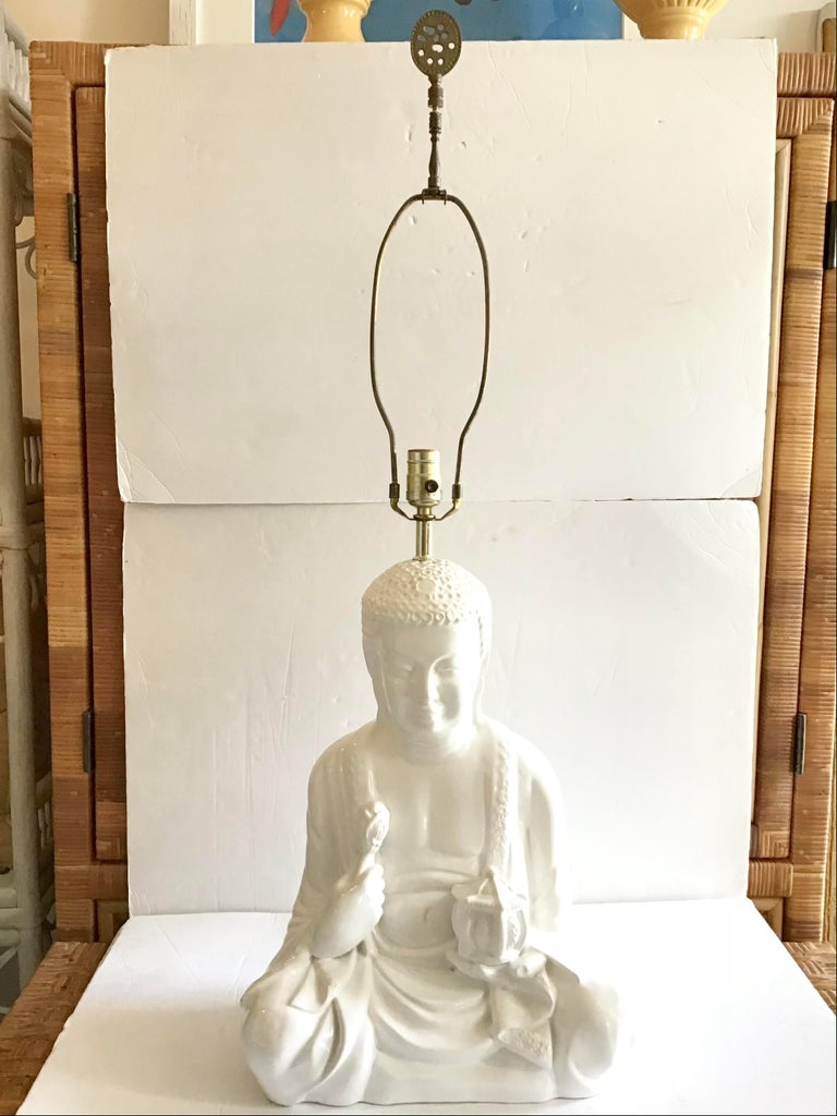 White Glazed Meditating Buddha Ceramic Table Lamp For Sale at 1stDibs