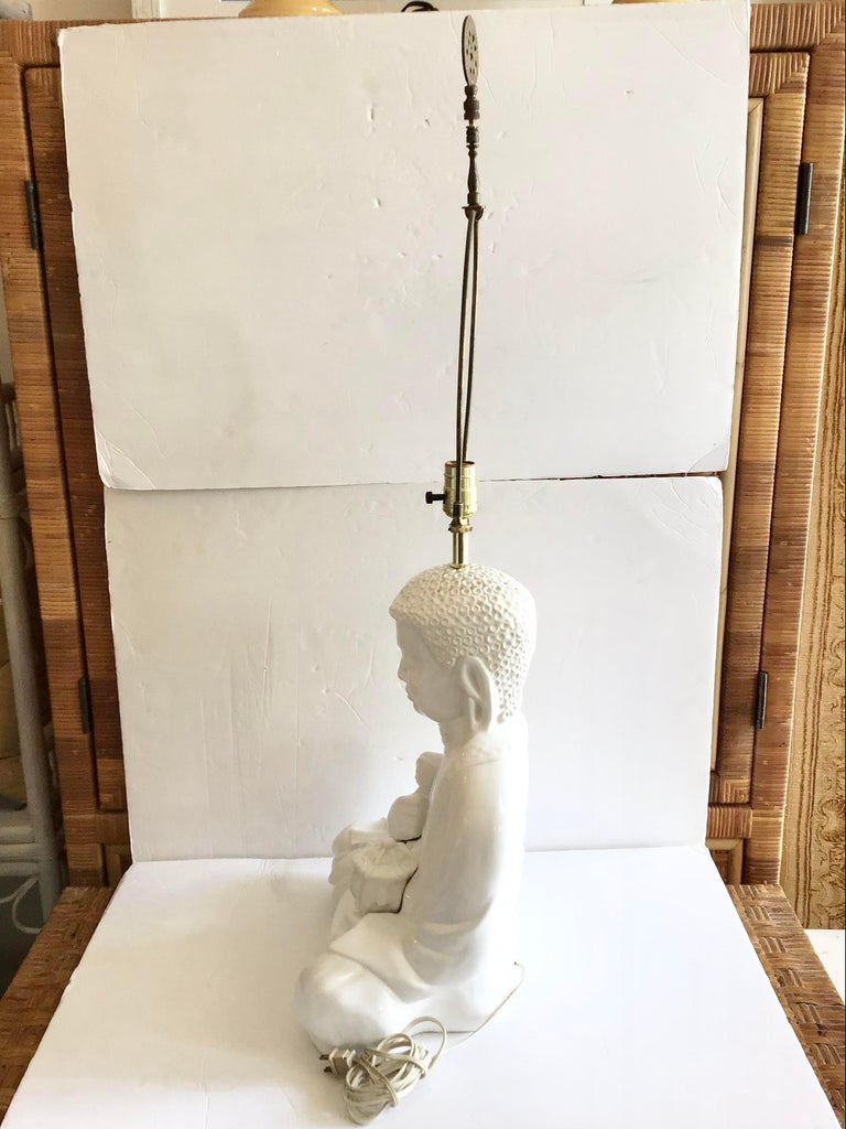 White Glazed Meditating Buddha Ceramic Table Lamp For Sale at 1stDibs