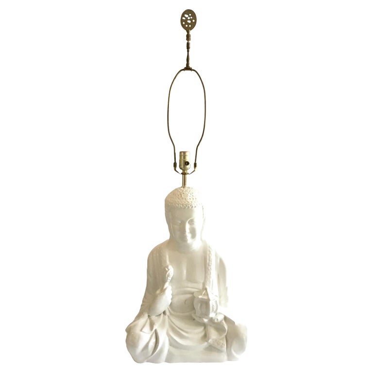 White Glazed Meditating Buddha Ceramic Table Lamp For Sale at 1stDibs