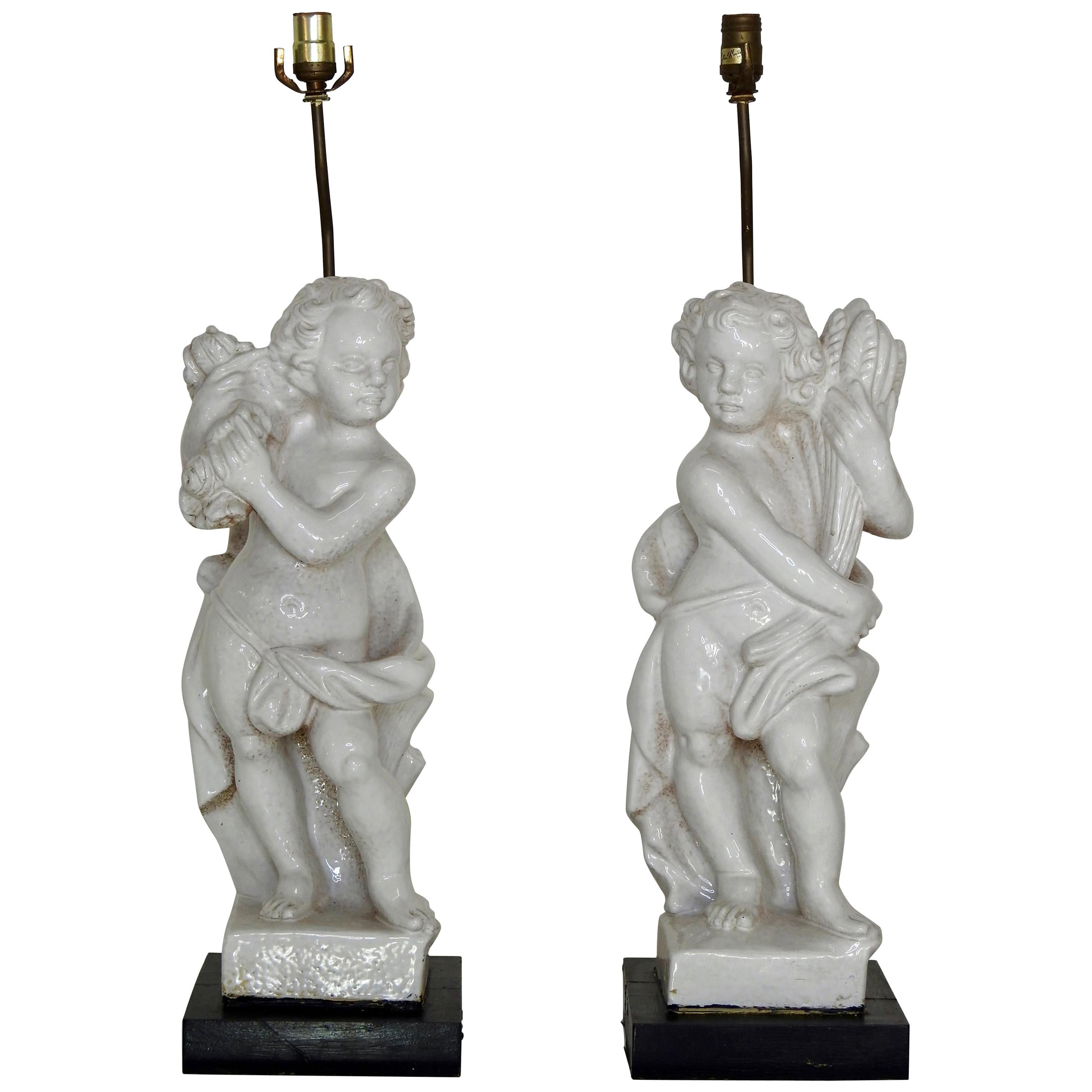 White Glazed Terracotta Cherub Lamps on Wooden Bases, Pair For Sale at ...