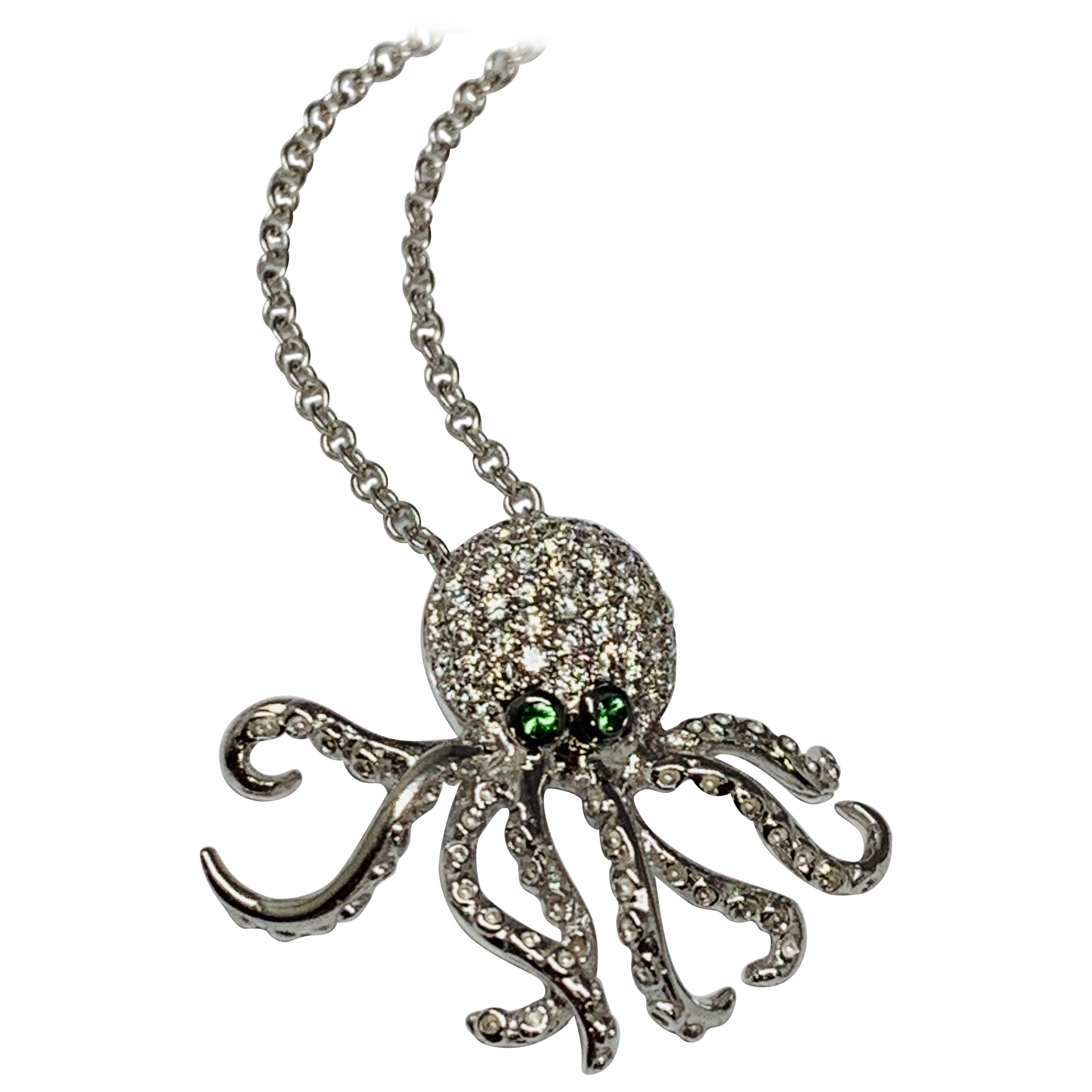 White Gold 0.30 Carat Diamond and Emerald Octopus Necklace For Sale at ...