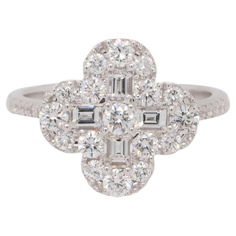 1.28 Carat Round and Baguette Diamond Pave Clover Ring 18 Karat In ...