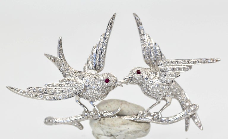 White Gold 2.00 Carat Diamond Double Bird Brooch Ruby Eyes 18 Karat at ...