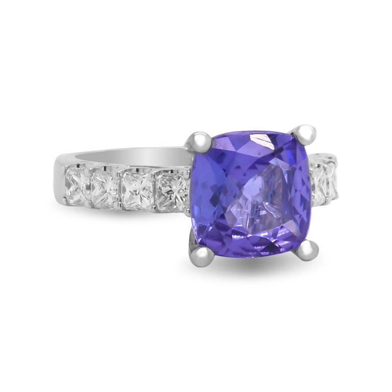 White Gold and Princess Cut Diamonds Ring with Cushion Cut Tanzanite ...