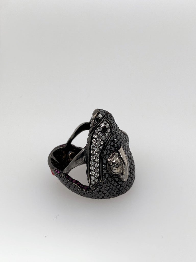 White Gold Black Diamond Ring, Snake Head Ring For Sale at 1stDibs