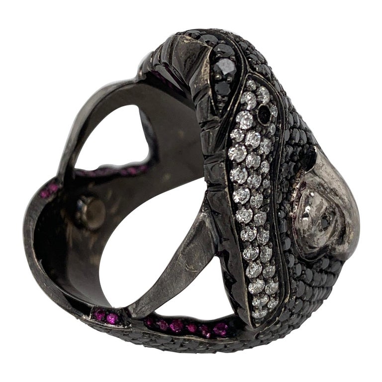 White Gold Black Diamond Ring, Snake Head Ring For Sale at 1stDibs