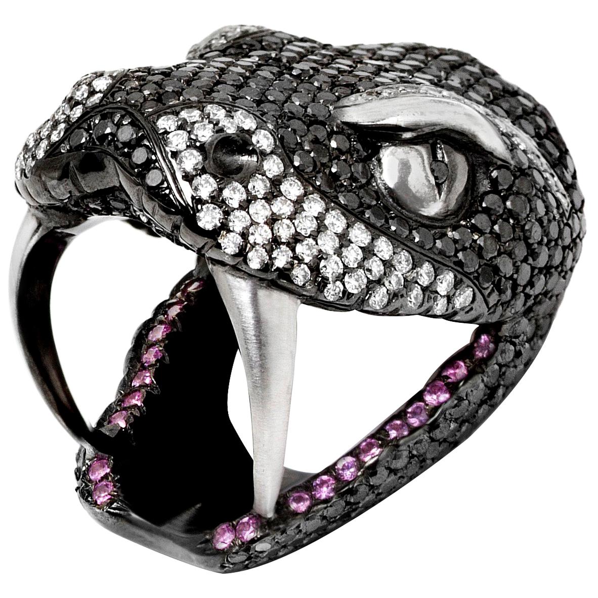 White Gold Black Diamond Ring, Snake Head Ring For Sale at 1stDibs