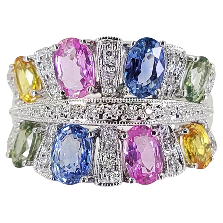 White Gold Diamond and Multicolor Sapphire Ring For Sale at 1stDibs