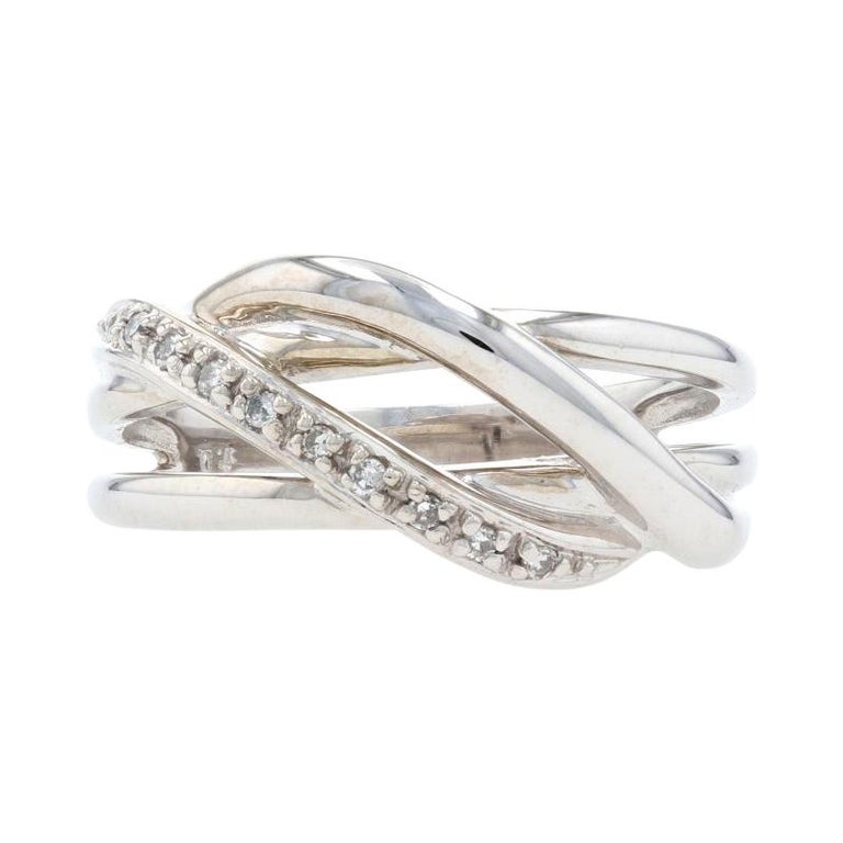 White Gold Diamond Crossover Band, 10k Single Cut Ring at 1stDibs