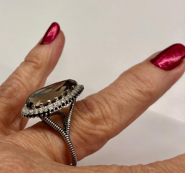 Smokey Quartz and Diamond Ring in 14K White Gold For Sale at 1stDibs ...