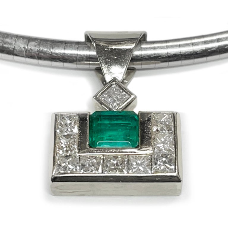 White Gold Emerald Diamond Pendant Omega Necklace For Sale at 1stDibs