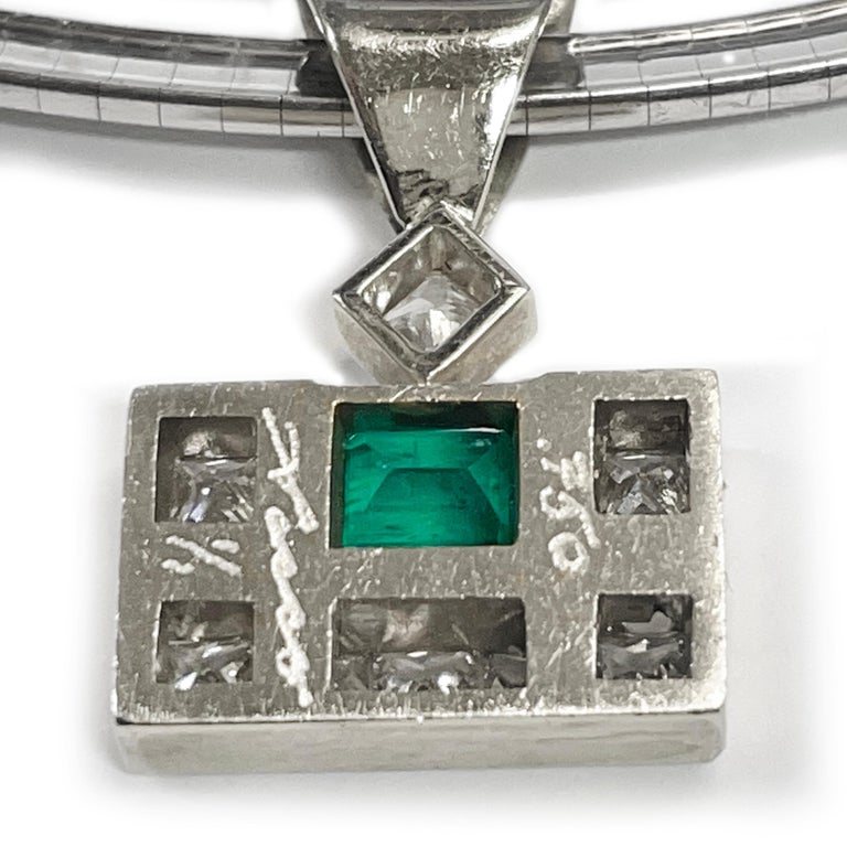 White Gold Emerald Diamond Pendant Omega Necklace For Sale at 1stDibs