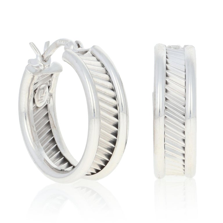 White Gold Hoop Earrings, 14k Diagonal Ribbed Texture Pierced Snap ...