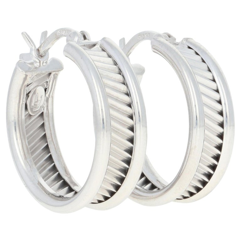 White Gold Hoop Earrings, 14k Diagonal Ribbed Texture Pierced Snap ...