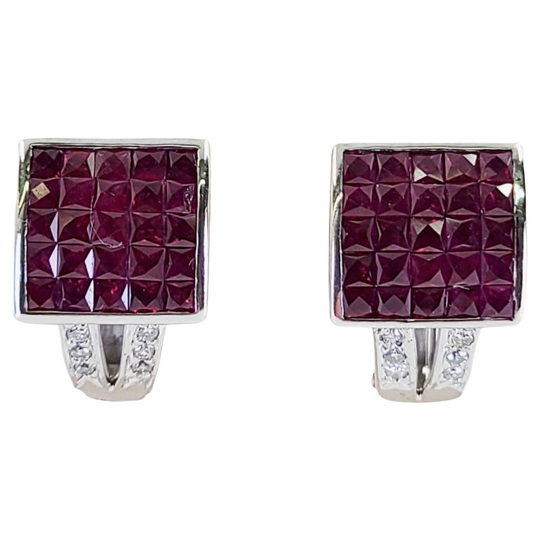 White Gold Invisible Set Ruby Cluster Earrings For Sale at 1stDibs