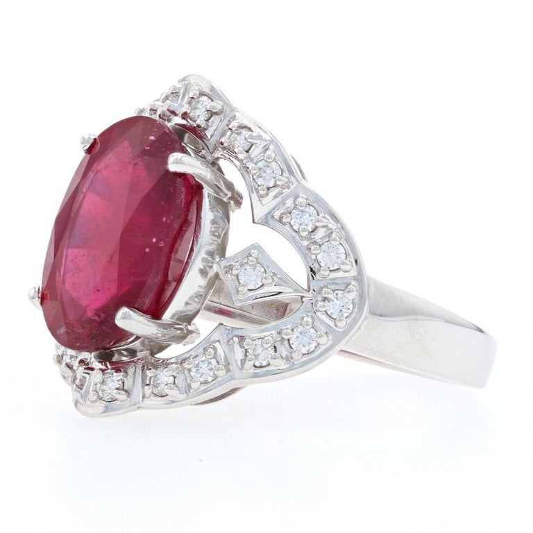 White Gold Lead Glass Filled Ruby and Diamond Ring, 14k Oval Brilliant .24 Carat For Sale at 1stDibs