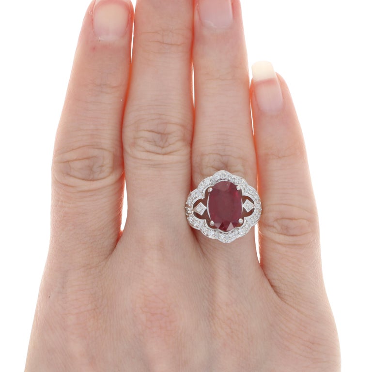 White Gold Lead Glass Filled Ruby and Diamond Ring, 14k Oval Brilliant ...