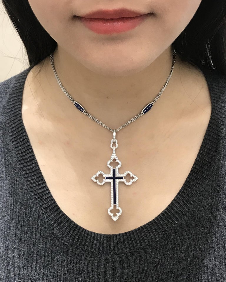 White Gold Limited Edition Fabergé Blue Enameled Diamond Cross Pendant ...