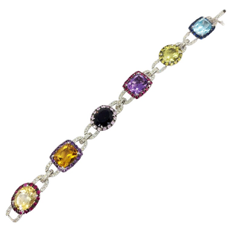 White Gold Multicolor Gemstone and Diamond Cocktail Bracelet For Sale ...
