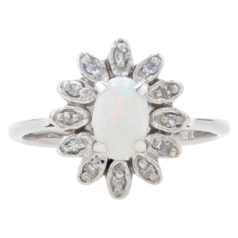 Customizable White Gold Opal and Diamond Halo Ring, 14k Oval Cabochon ...