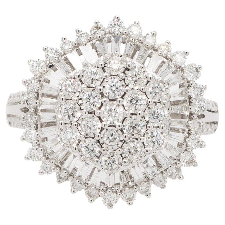 White Gold Round and Baguette Diamond Pave Hexagon Ring 14 Karat in ...