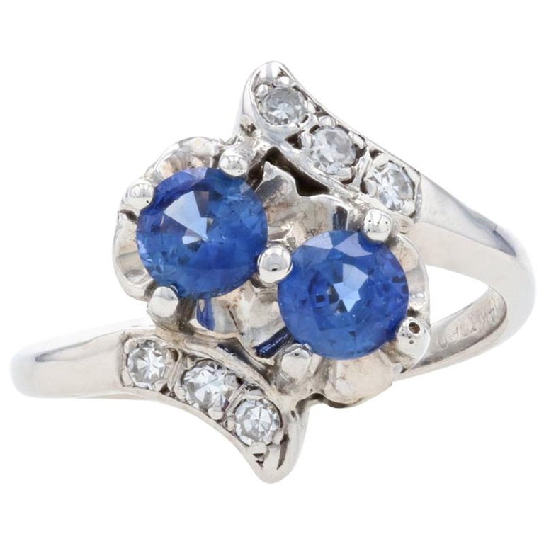 Customizable White Gold Sapphire and Diamond Vintage Two-Stone Bypass ...