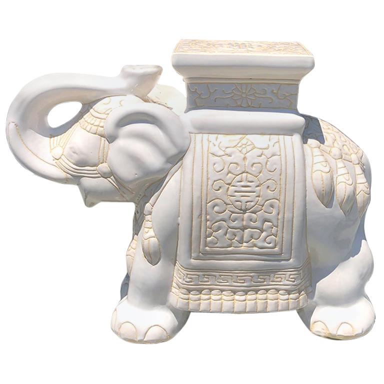 White Happy Lucky Elephant with Trunk Up Garden Stool or Side Table at ...