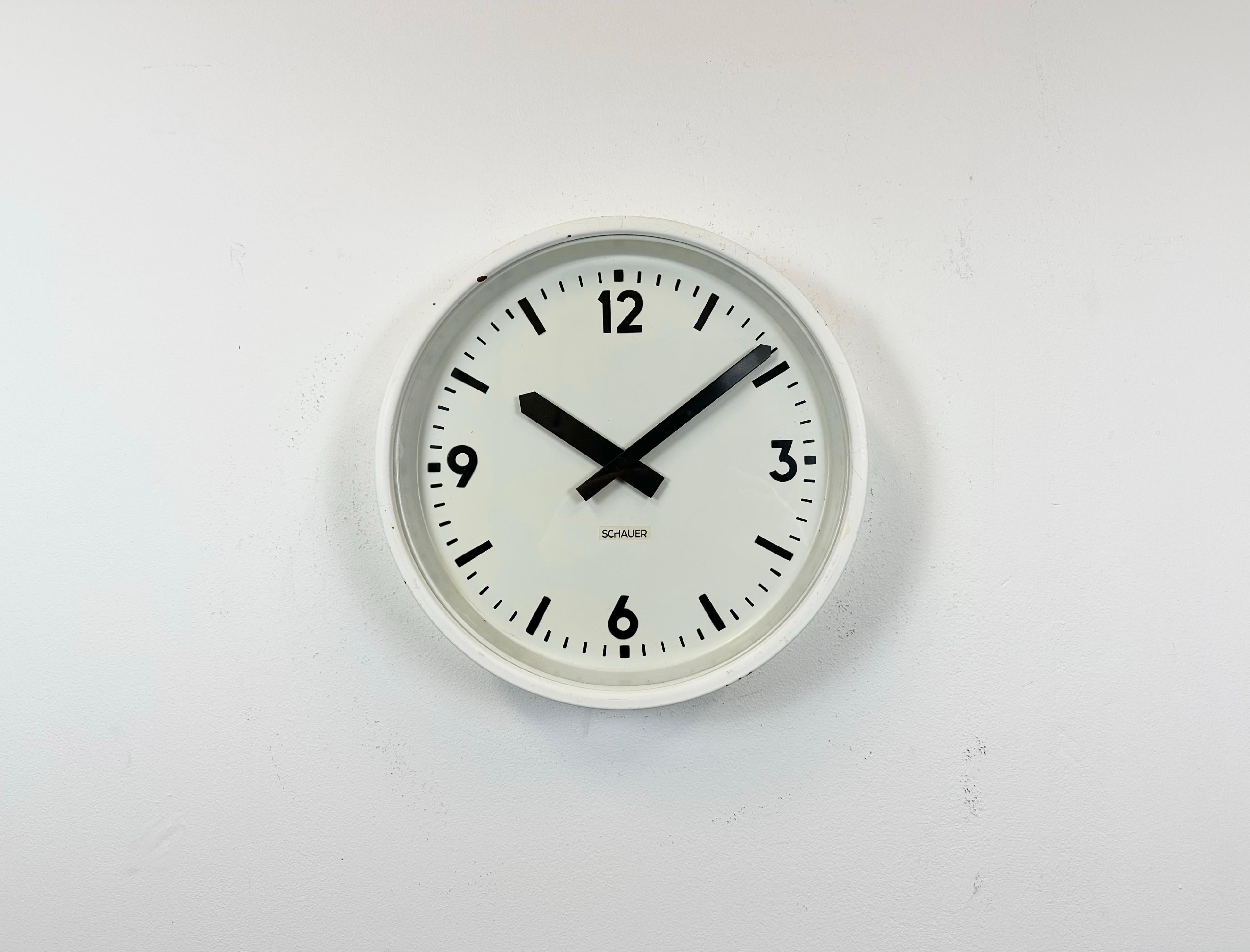 White Industrial Austrian Factory Wall Clock from Schauer, 1960s at 1stDibs