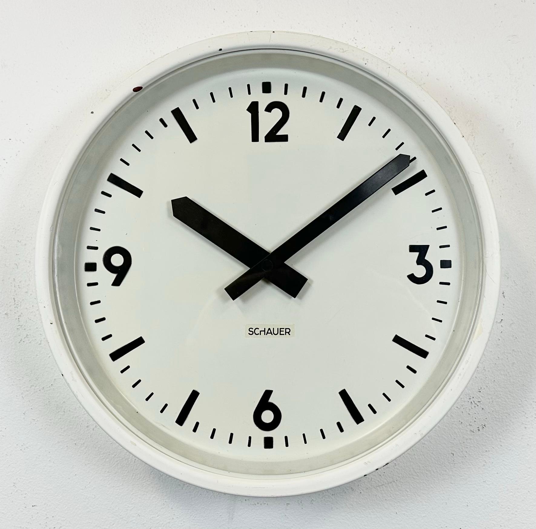 White Industrial Austrian Factory Wall Clock from Schauer, 1960s at 1stDibs
