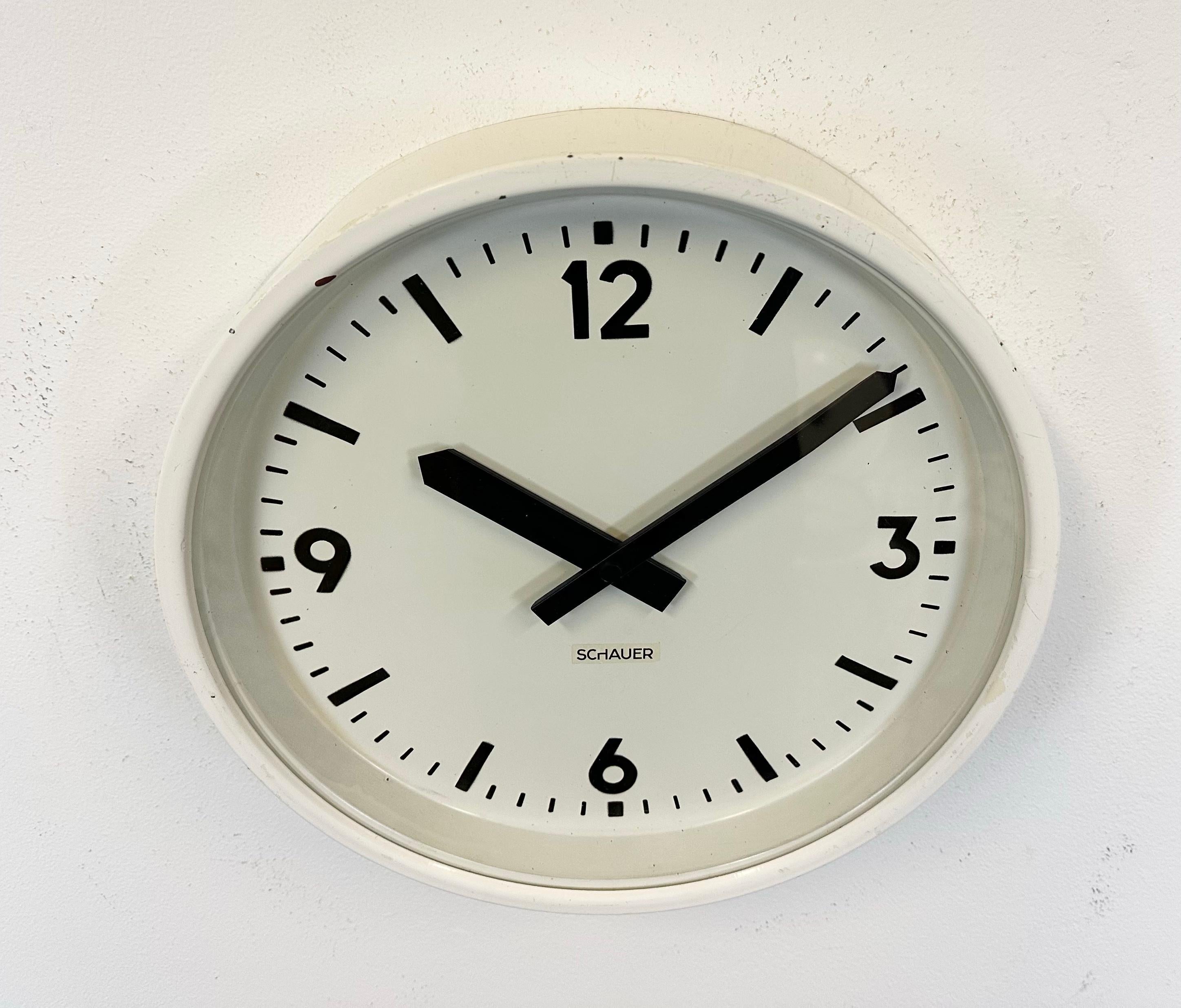 White Industrial Austrian Factory Wall Clock from Schauer, 1960s at 1stDibs
