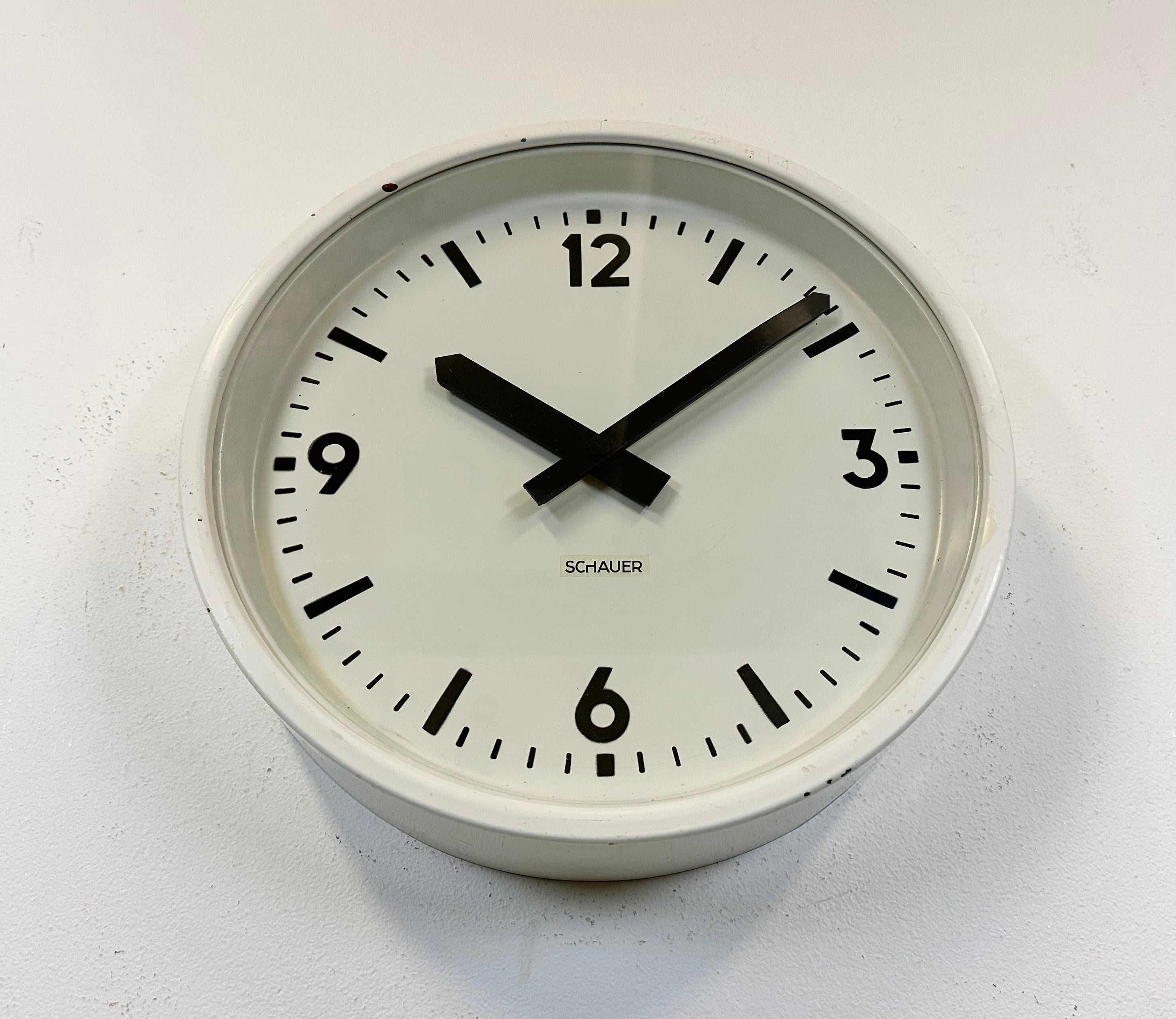 White Industrial Austrian Factory Wall Clock from Schauer, 1960s at 1stDibs