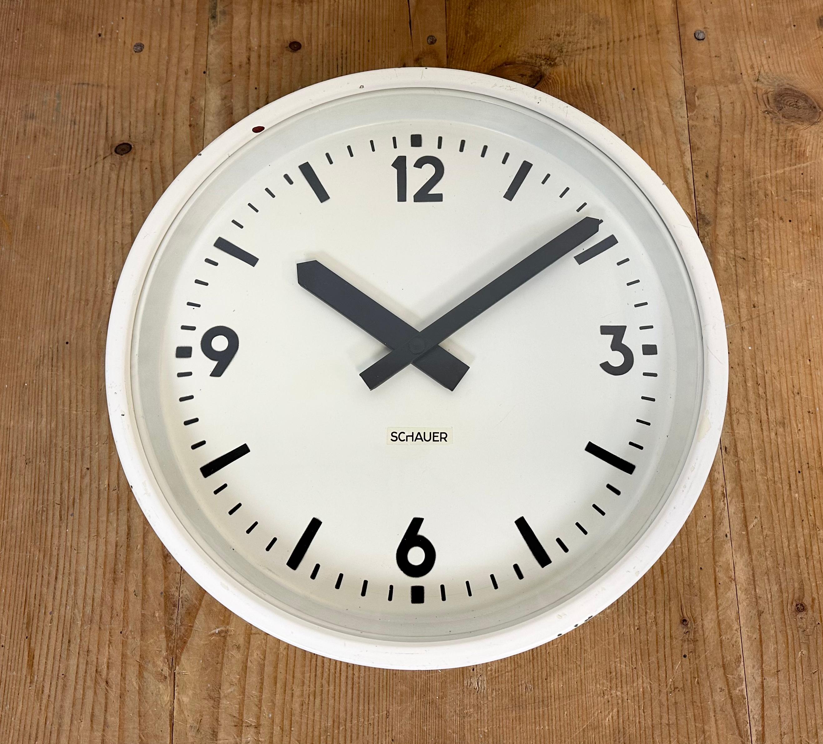 White Industrial Austrian Factory Wall Clock from Schauer, 1960s at 1stDibs